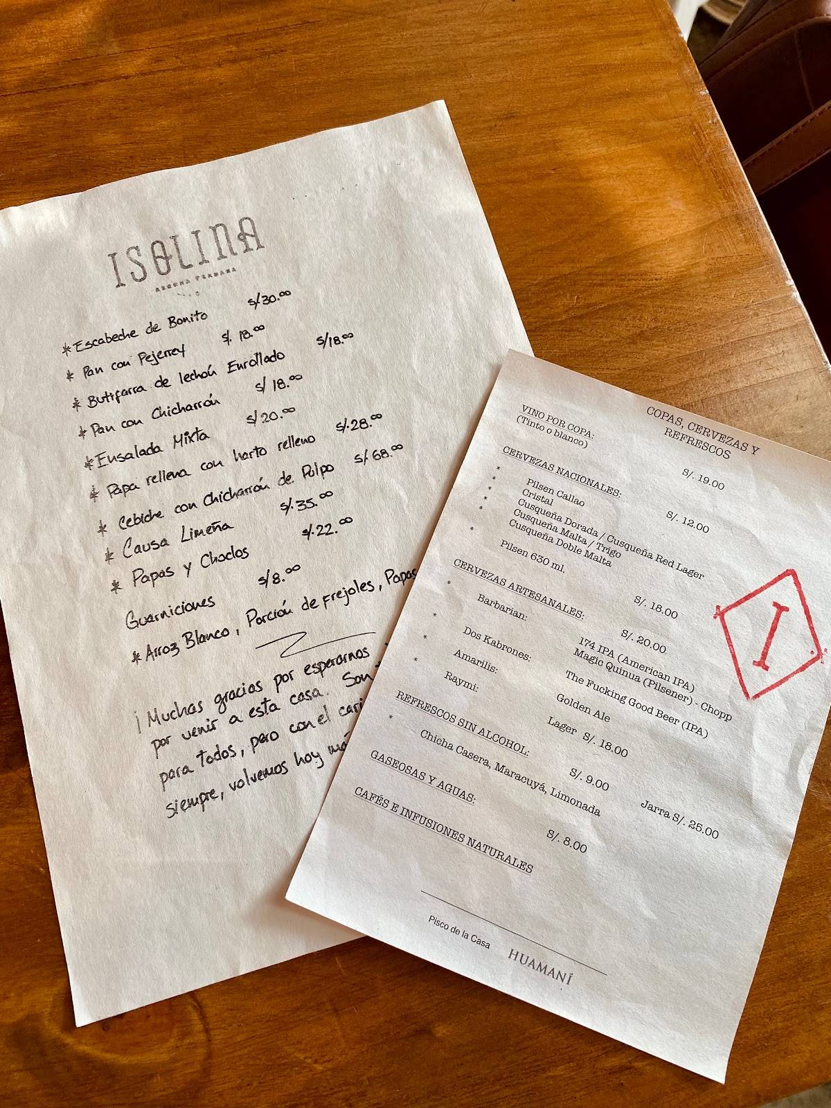 Carta del restaurante Isolina Taberna Peruana, Barranco