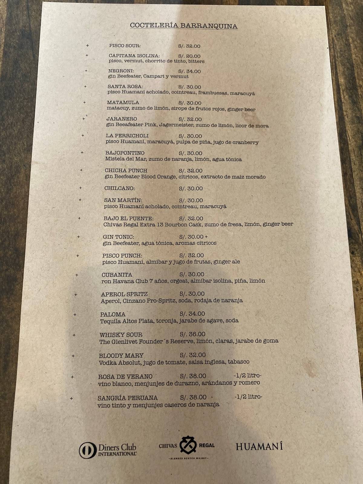 Carta del restaurante Isolina Taberna Peruana, Barranco