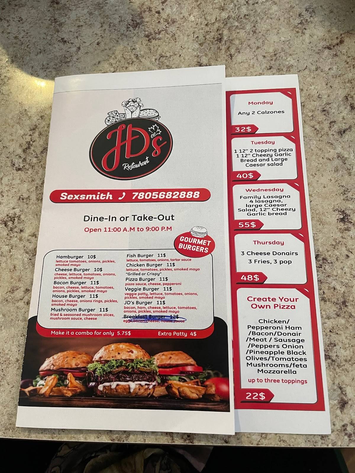 Menu at JD's Restaurant, Sexsmith