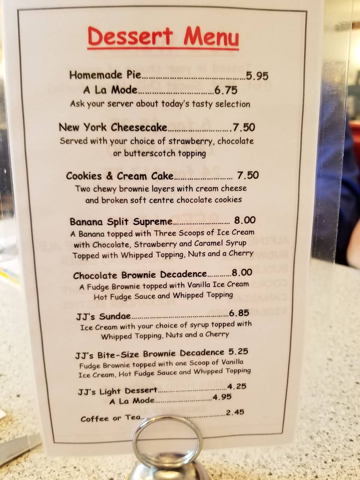Menu at JJ's Diner restaurant, Sussex