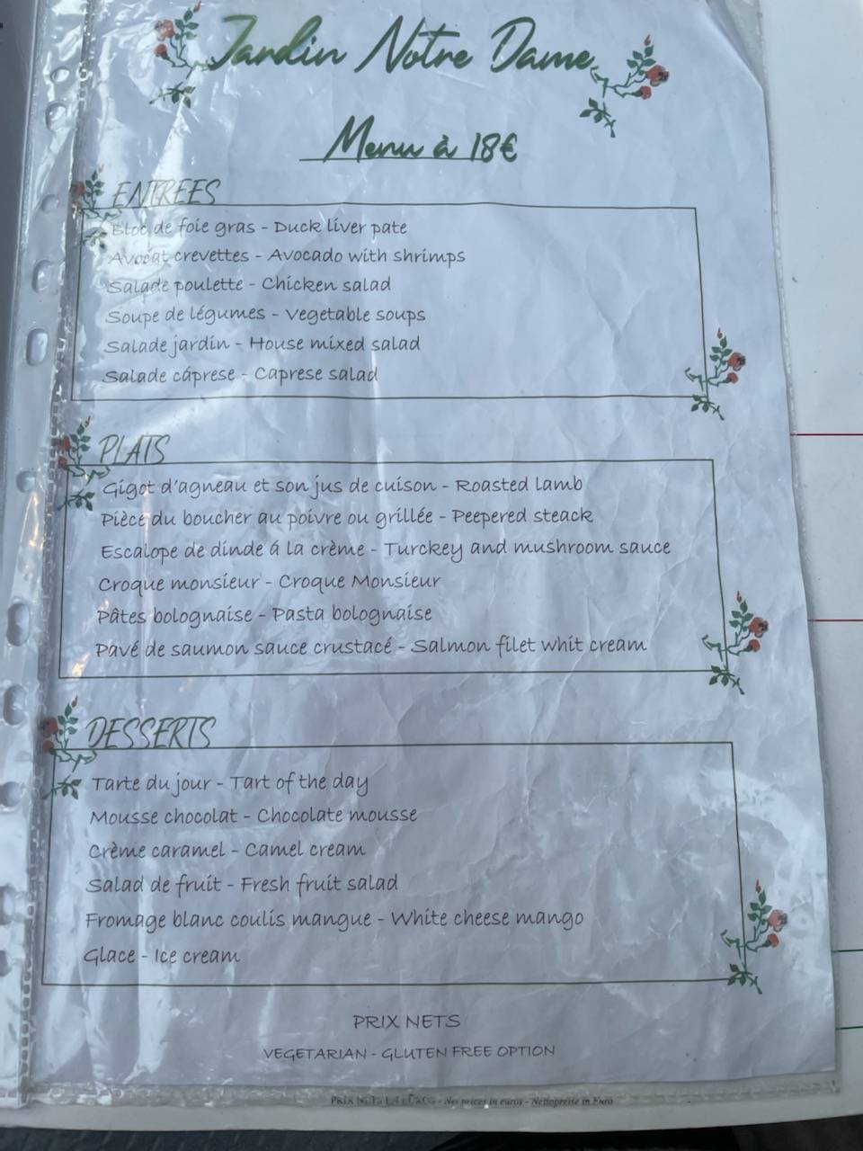 Menu at Restaurant Jardin Notre-Dame, Paris, 2 Rue du Petit Pont