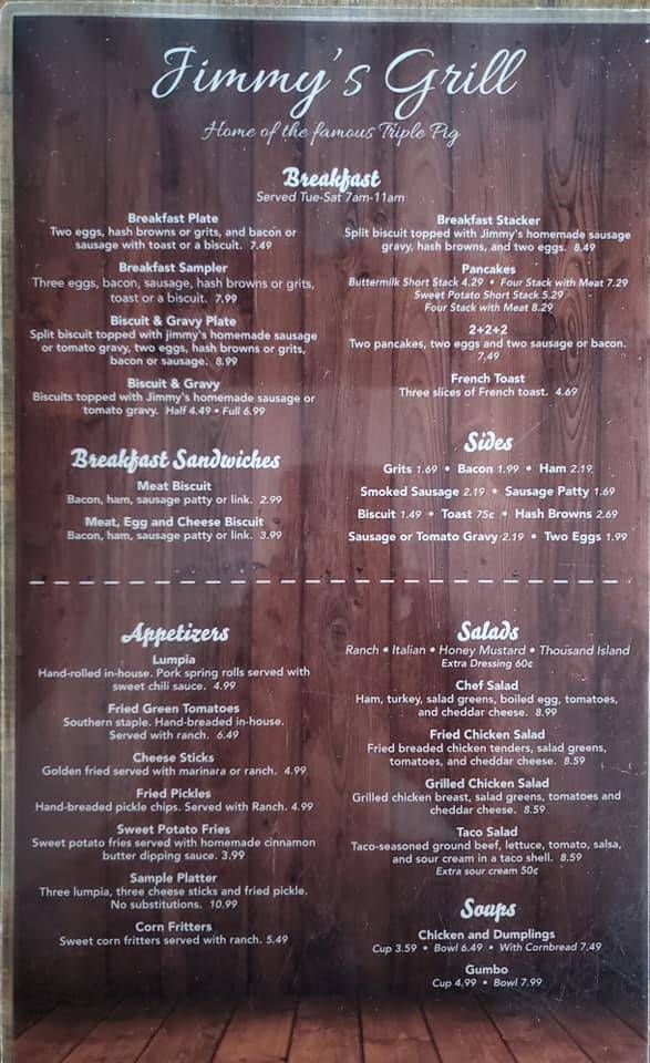 Menu at Jimmy's Grill restaurant, Molino, US-29