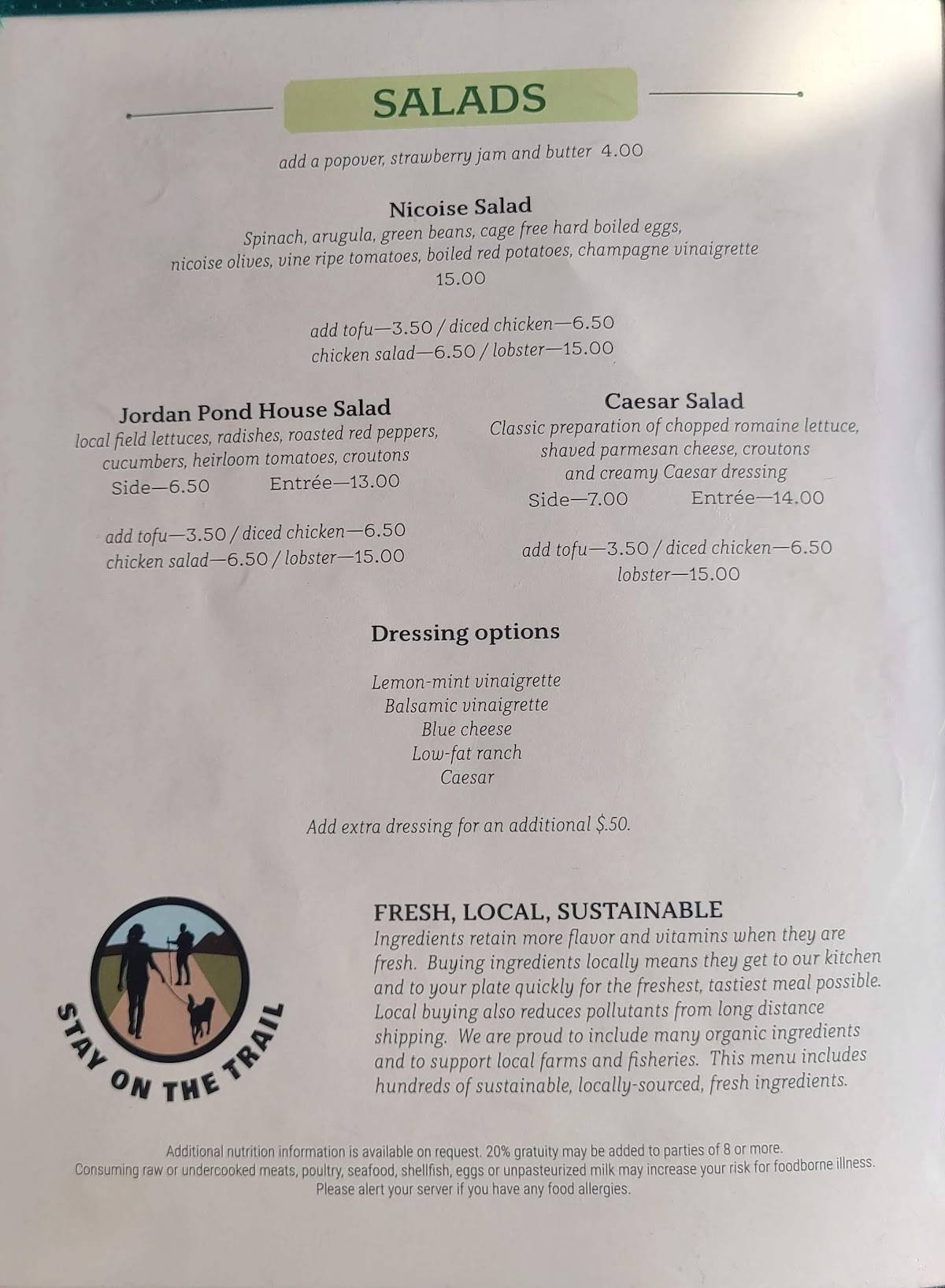 Menu at Jordan Pond House Restaurant, Mount Desert, Park Loop Rd