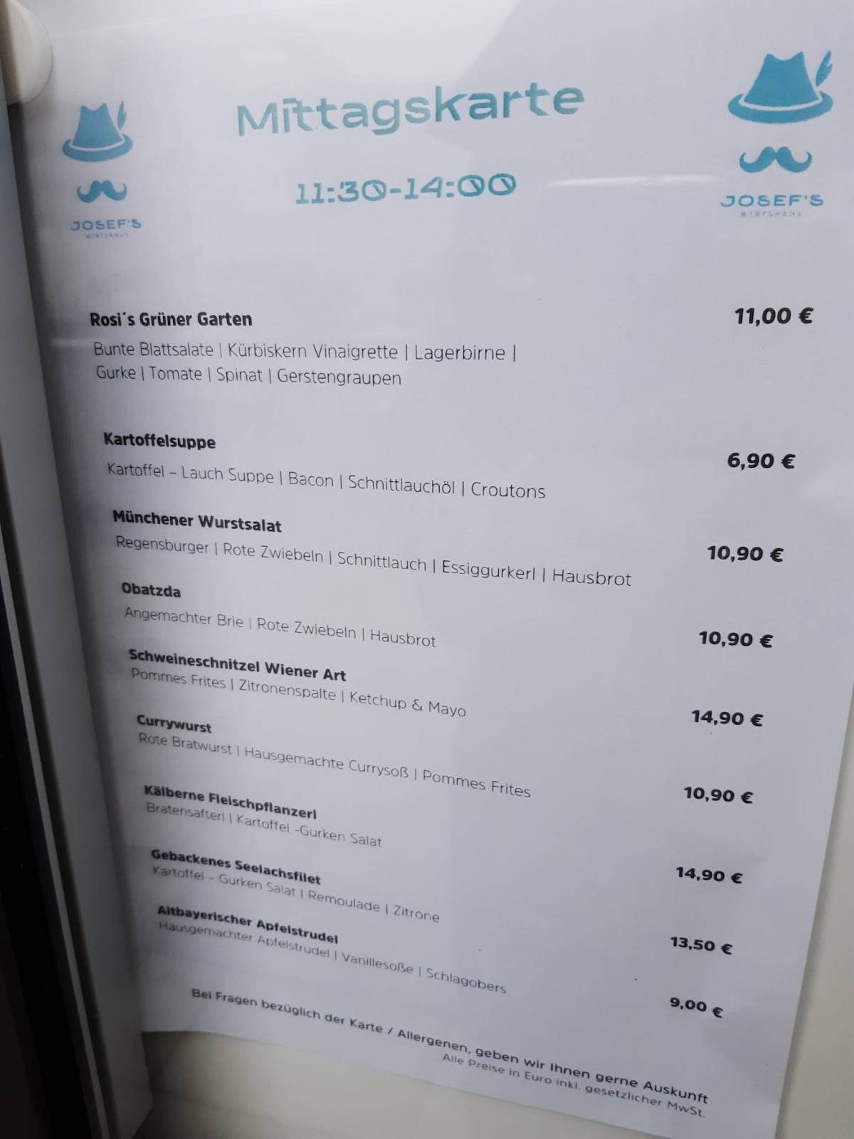 Speisekarte von Josef's Wirtshaus restaurant, Garching bei München