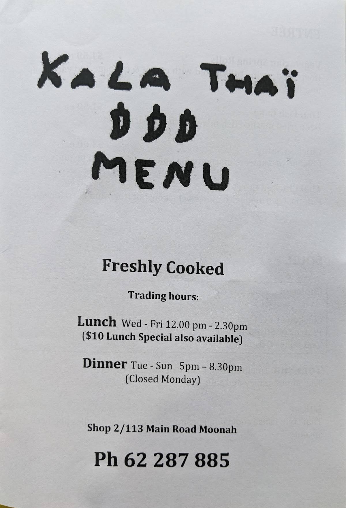 Menu at Kala Thai restaurant, Moonah