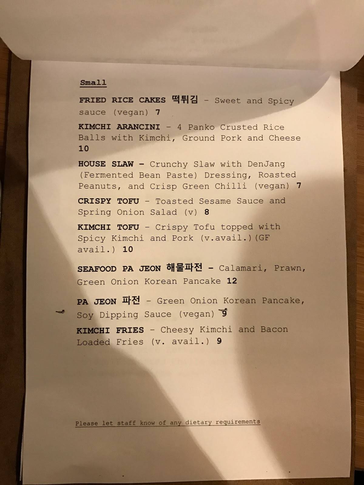Menu at Kalbi restaurant, North Hobart