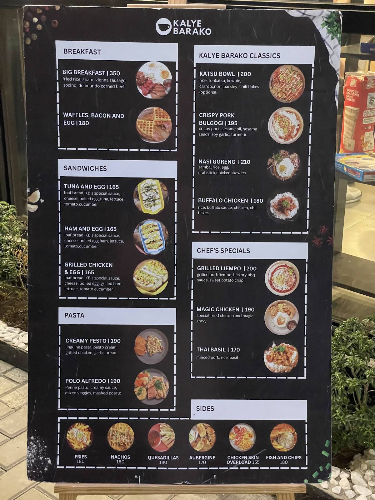 Menu at Kalye Barako, Santo Tomas