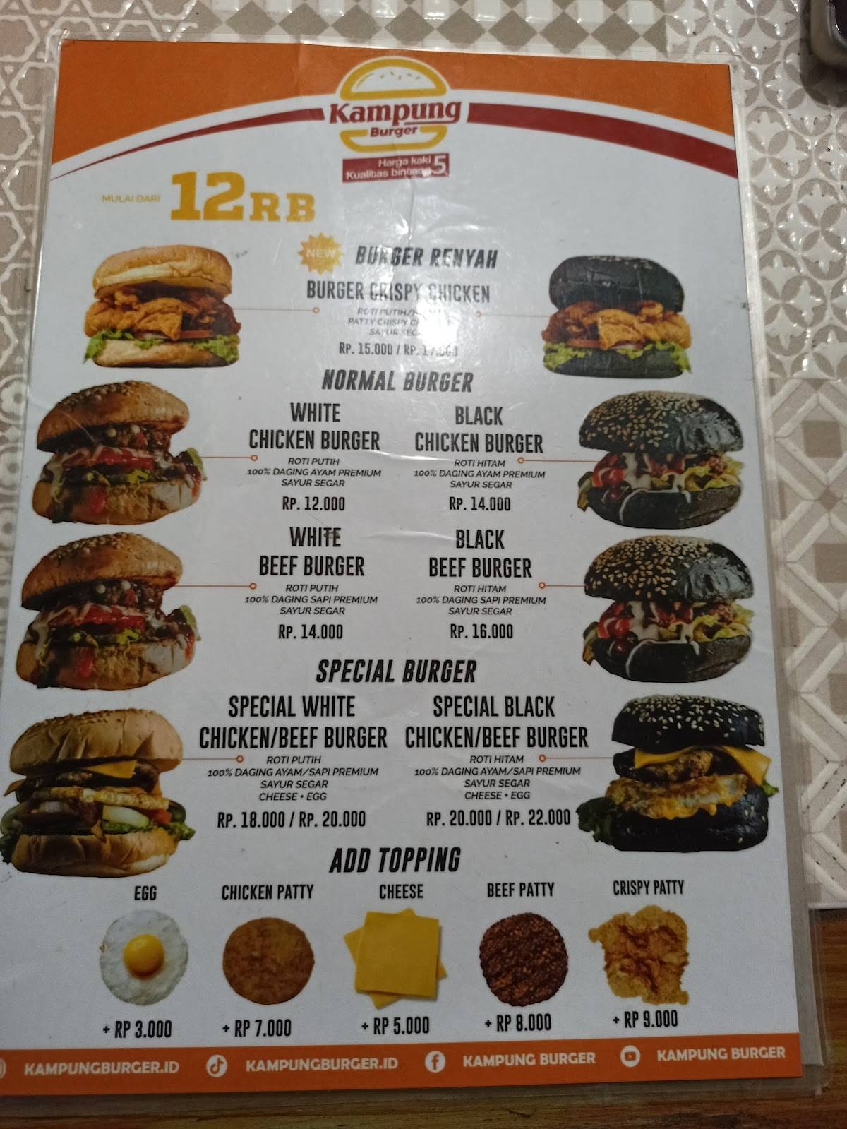 Menu at Kampung Burger - Taman Gapura restaurant, Surabaya