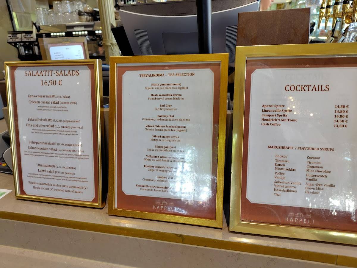 Menu at Kappeli restaurant, Helsinki, Eteläesplanadi 1