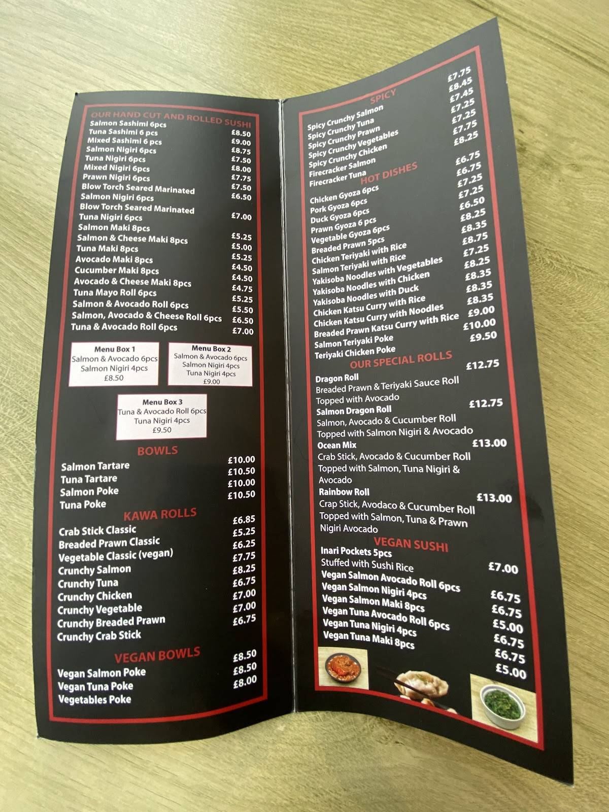 Menu at Kawa Sushi restaurant, Peacehaven