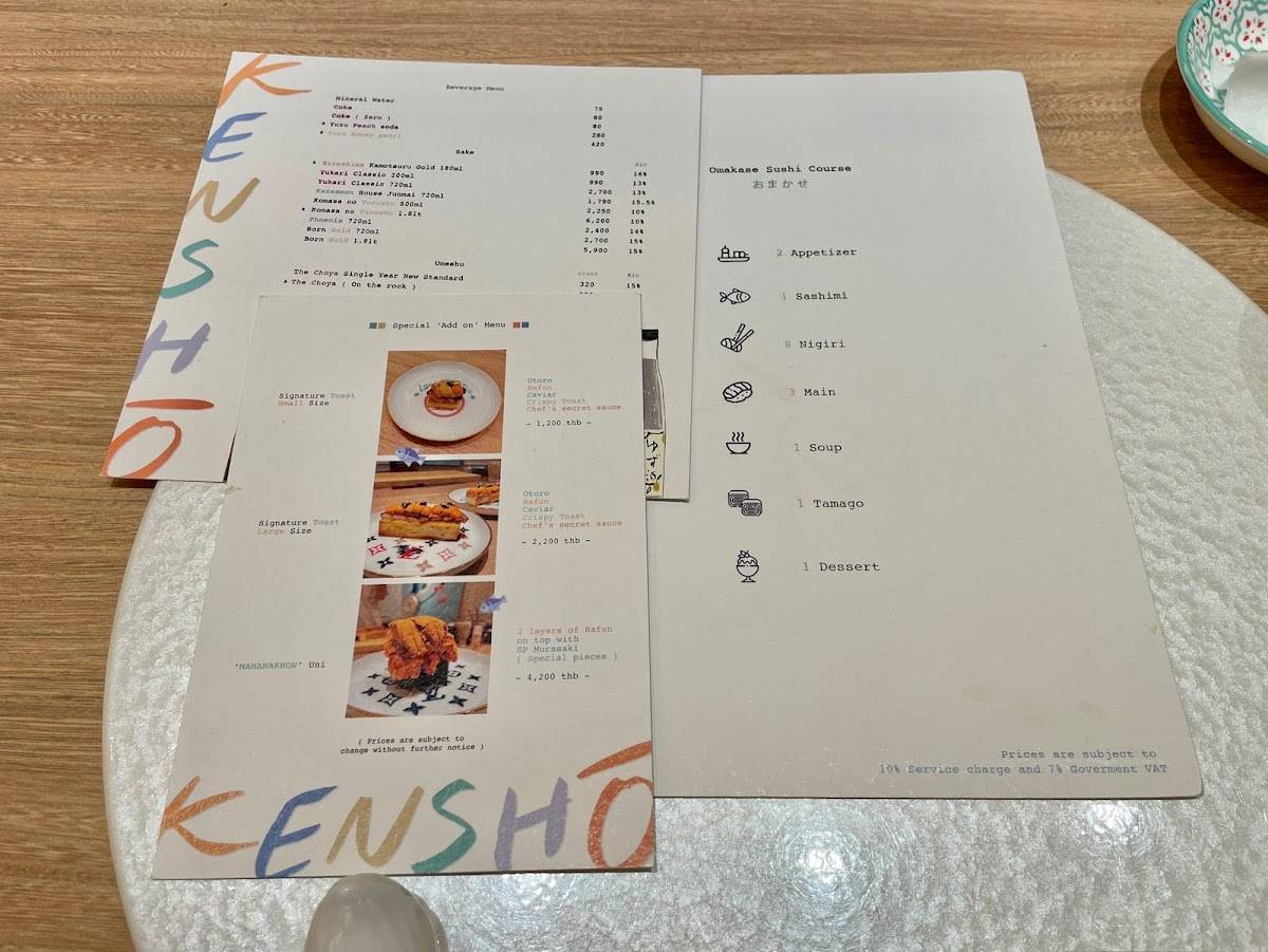 Carta del restaurante Kensho Omakase, Bangkok