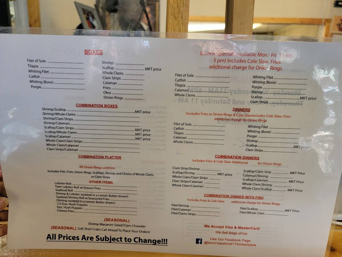 Menu at Kevin's Seafood restaurant, New Haven
