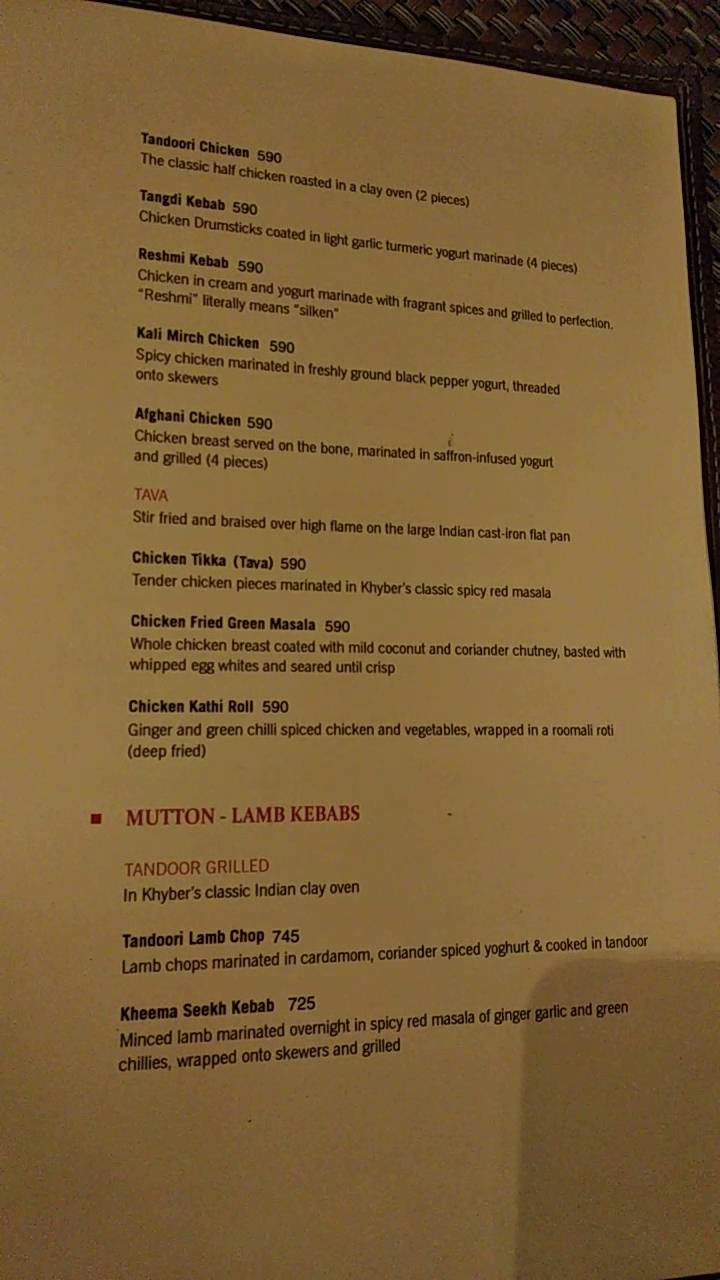 Menu at Khyber, Mumbai, 145