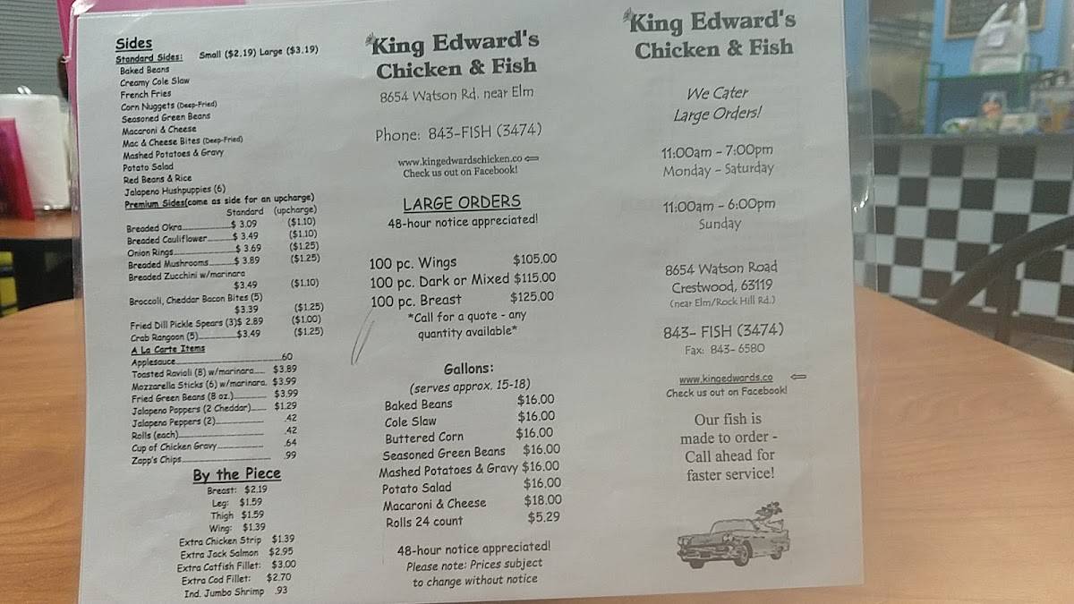 Menu at King Edwards restaurant, Crestwood