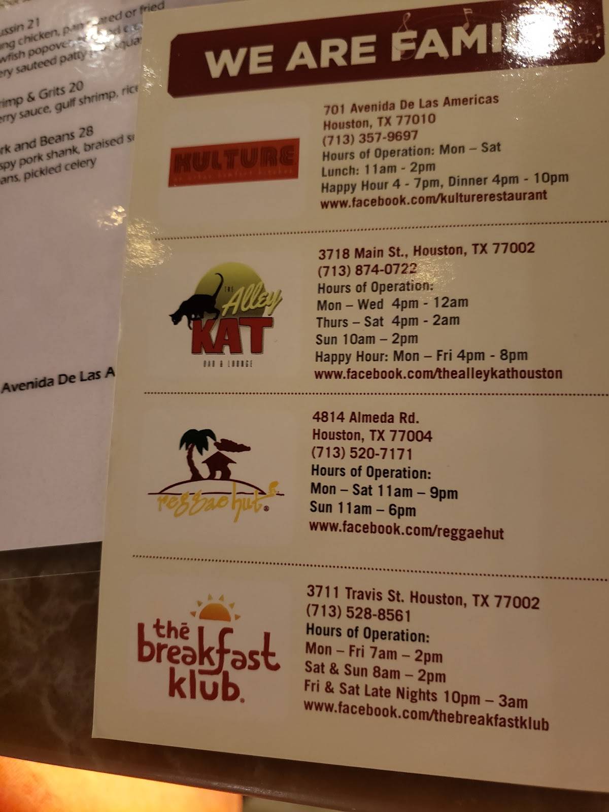 Menu at Kulture restaurant, Houston