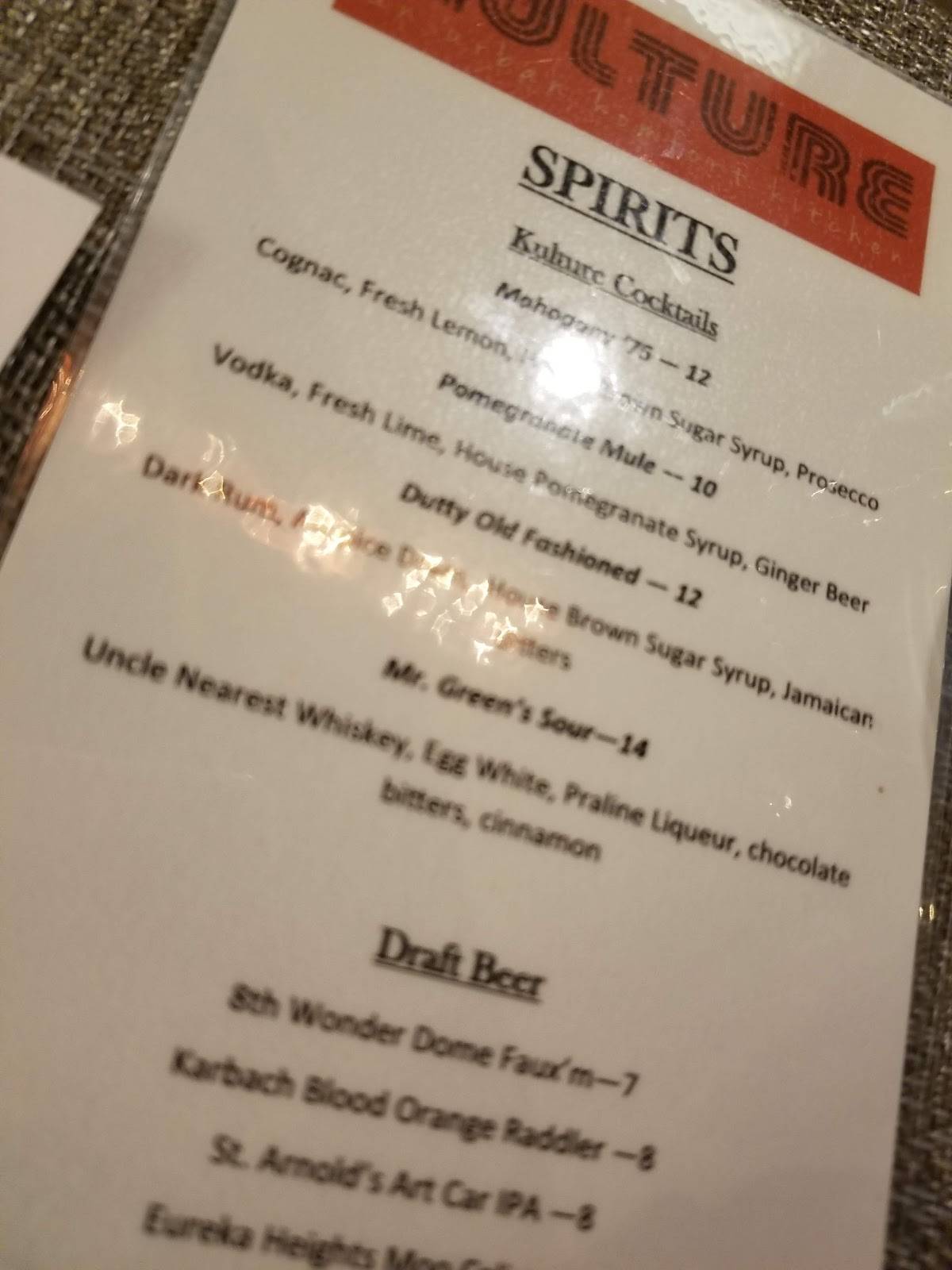 Menu at Kulture restaurant, Houston