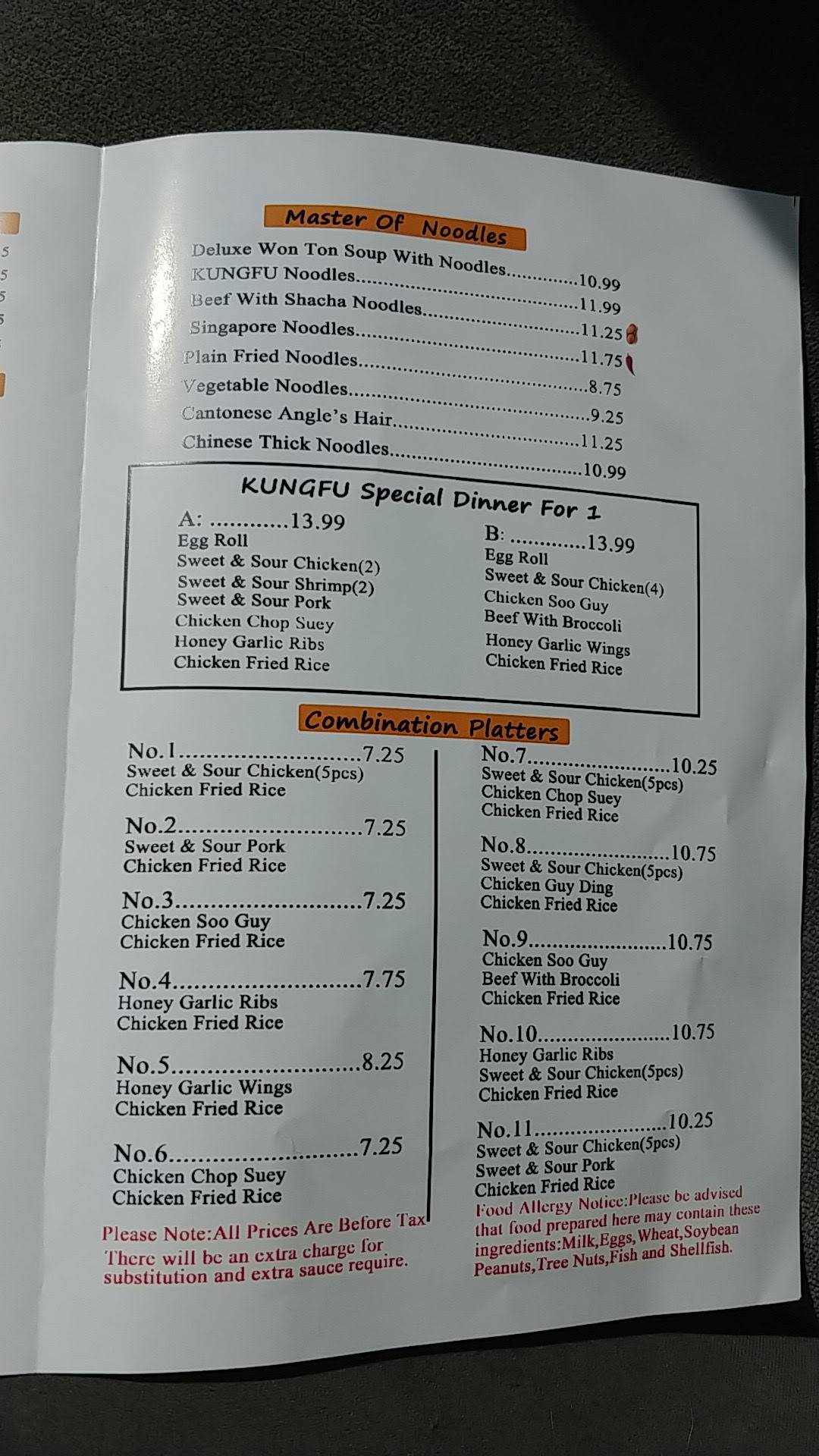Menu at Kung Fu Chinese Restaurant, St. John's