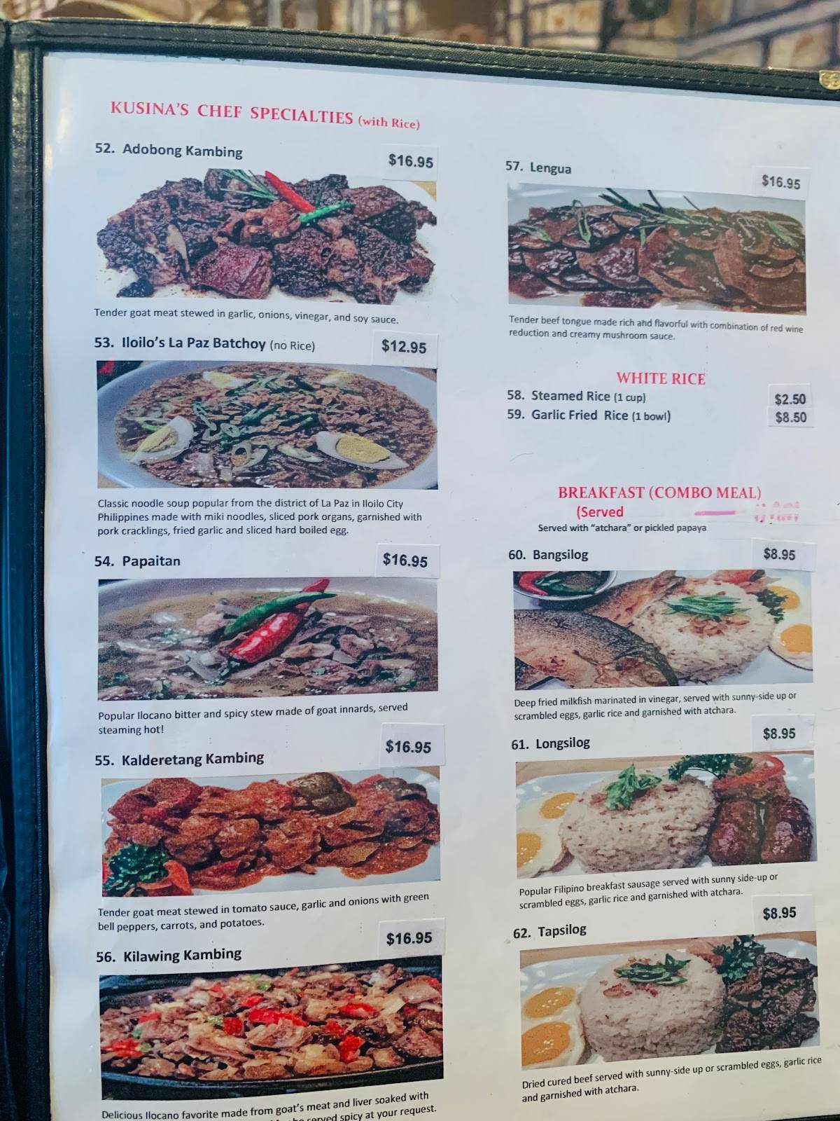Menu at Kusina De MANILA restaurant, Des Plaines