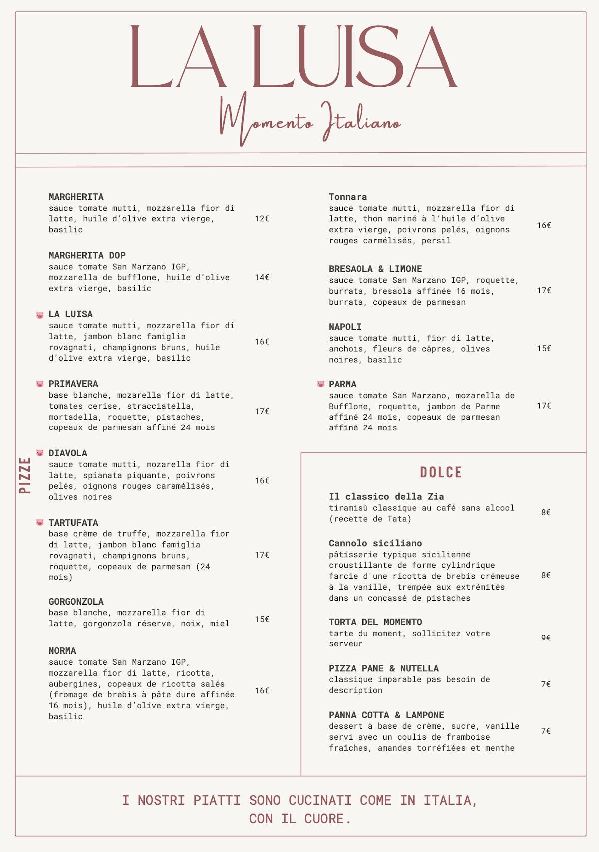 Menu au LA LUISA restaurant, Vincennes