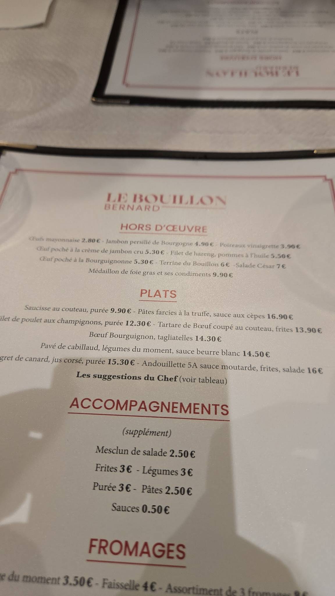 Menu au LE BOUILLON BERNARD restaurant, Chalon-sur-Saône