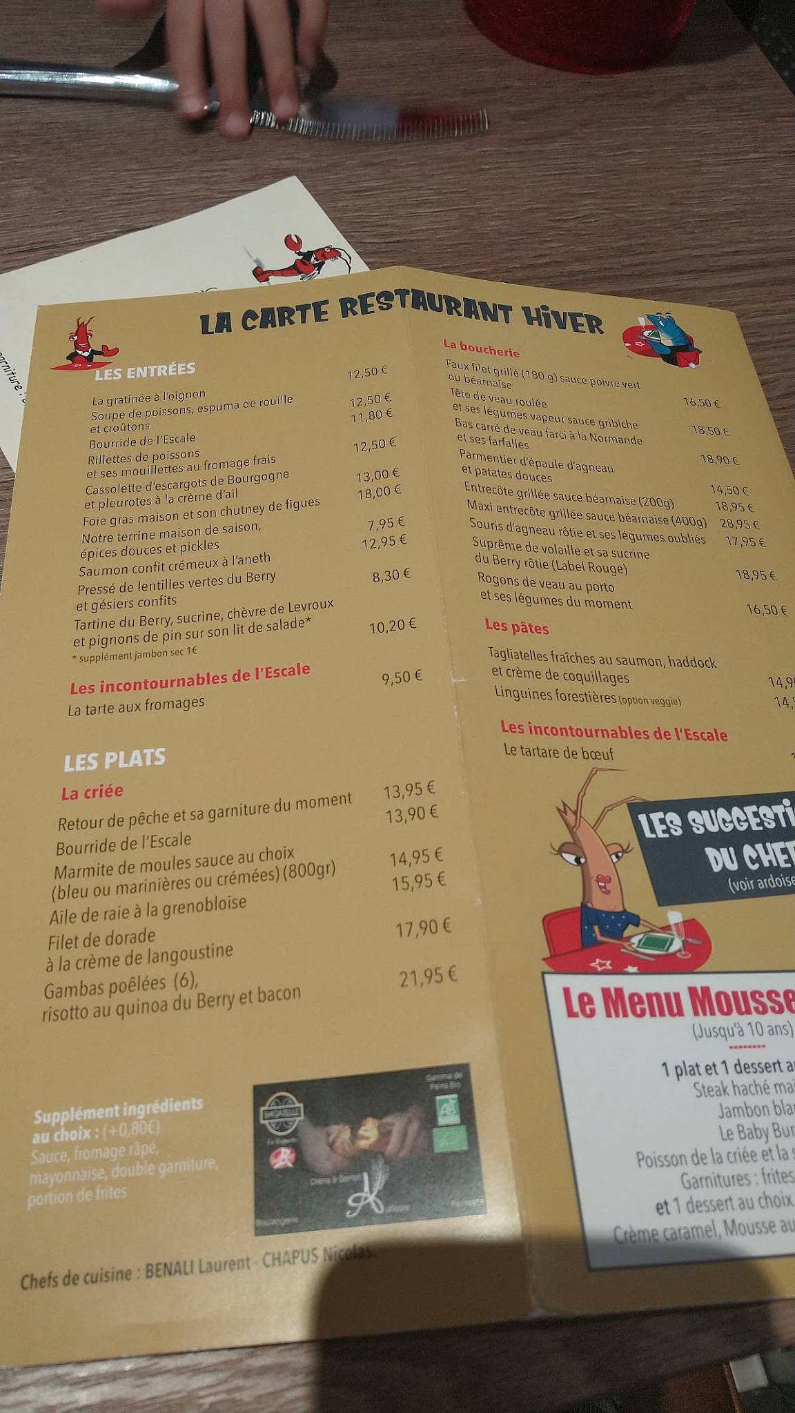 Menu au L'Escale Village restaurant, Déols