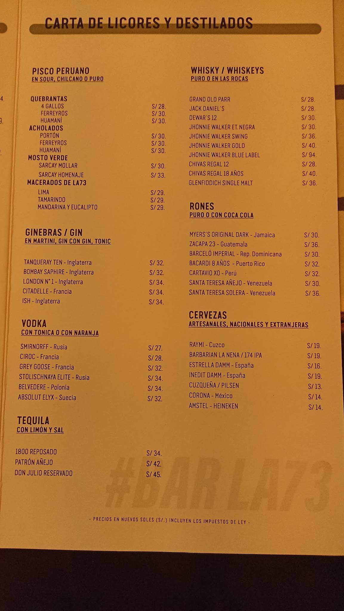 Carta del restaurante La 73, Barranco
