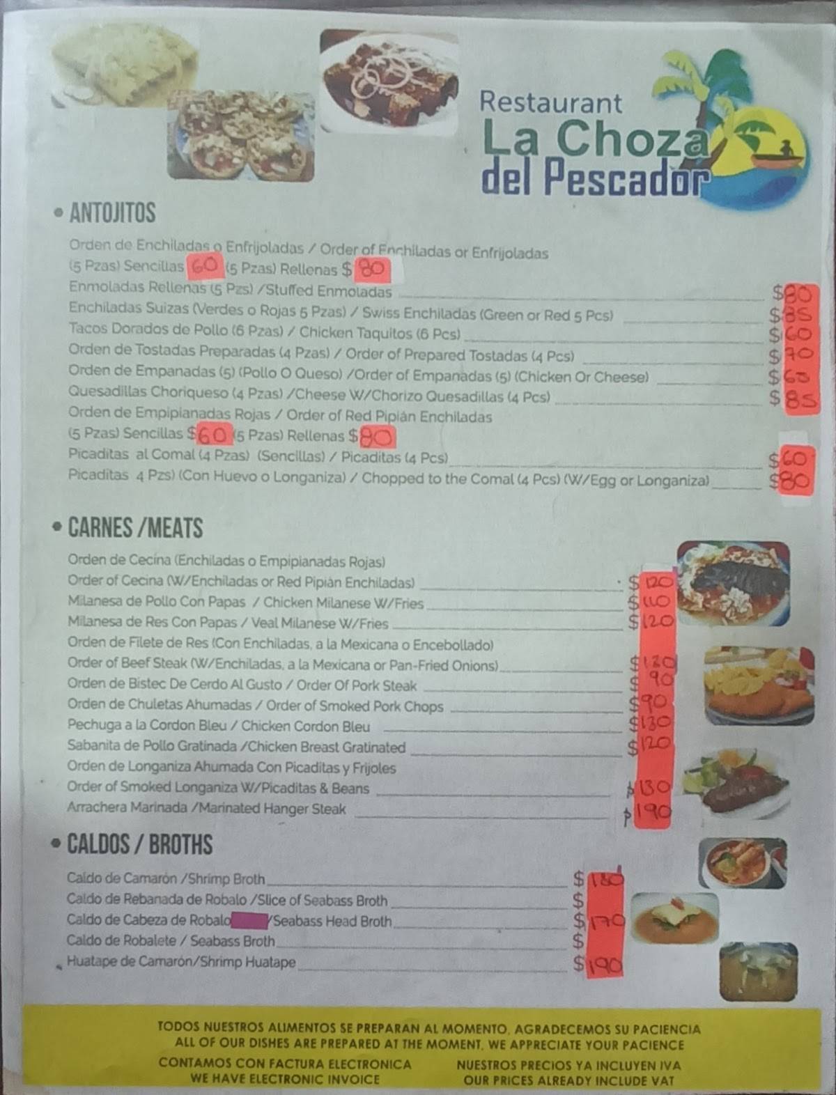 Carta del restaurante La Choza Del Pescador, Vega del Alatorre