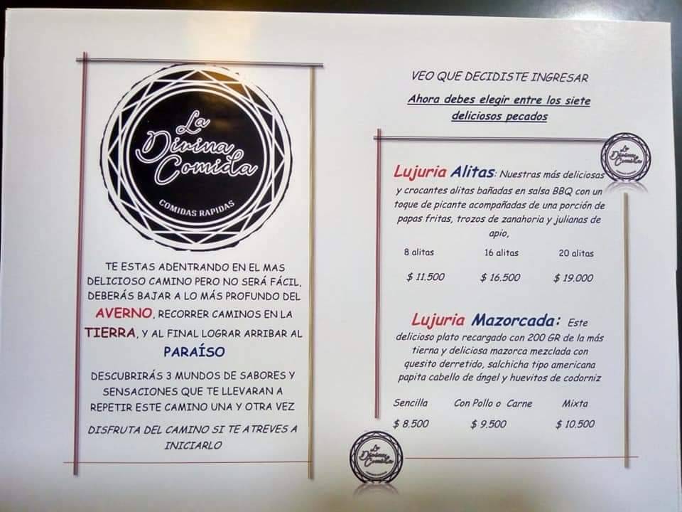 Carta del restaurante La Divina Comida, Bogotá