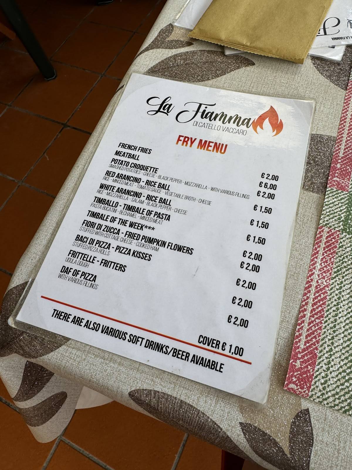 Carta del restaurante La Fiamma, Pompeya