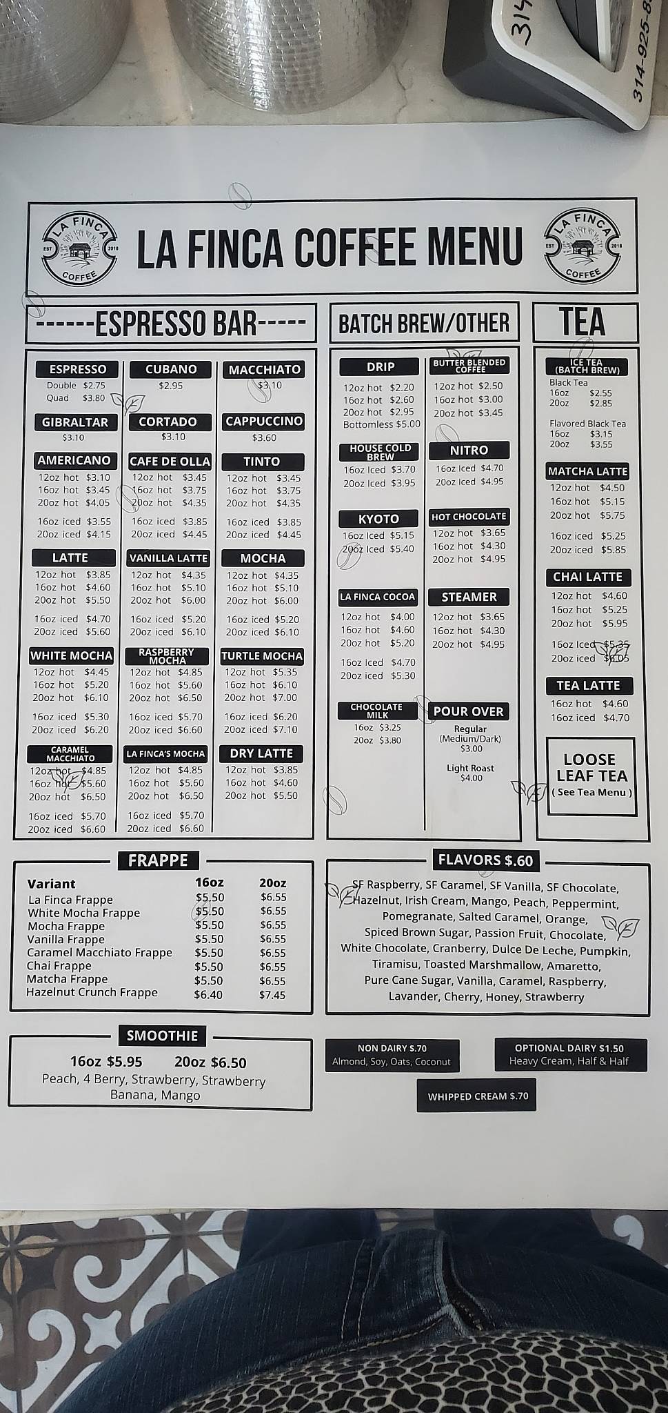 Menu at La Finca Coffee restaurant, St. Louis