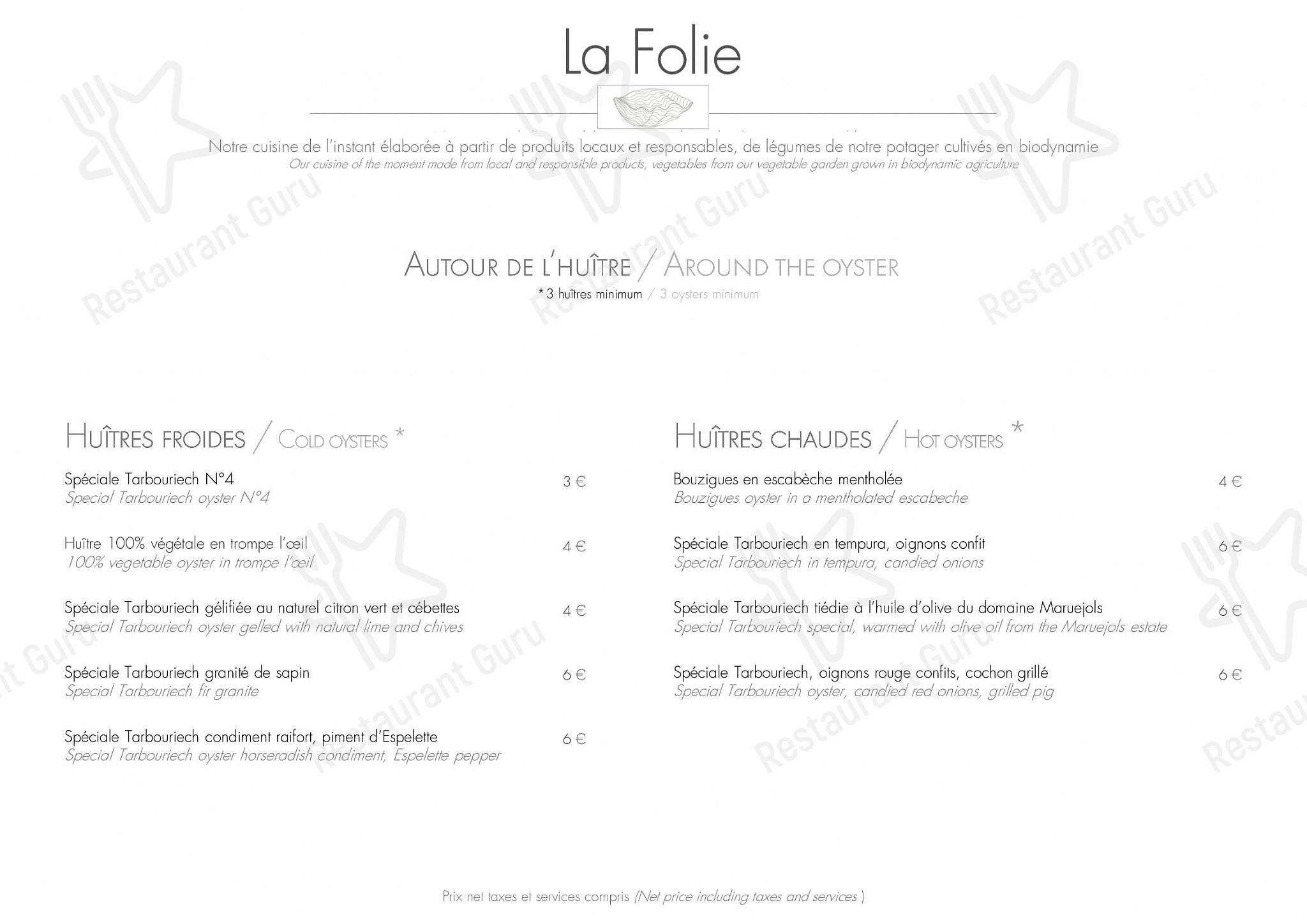 Menu au Restaurant La Folie Tarbouriech, Marseillan
