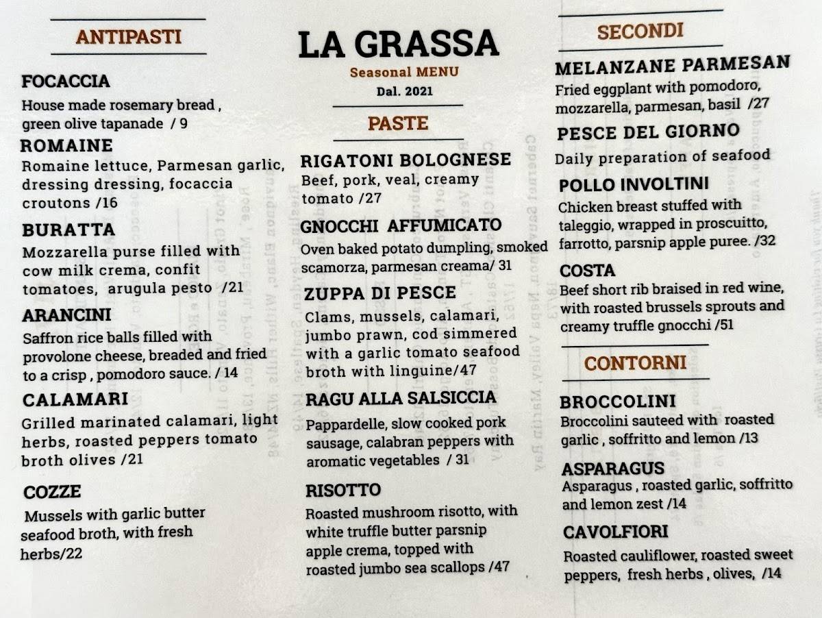 Menu at La Grassa Pastificio restaurant, Cary