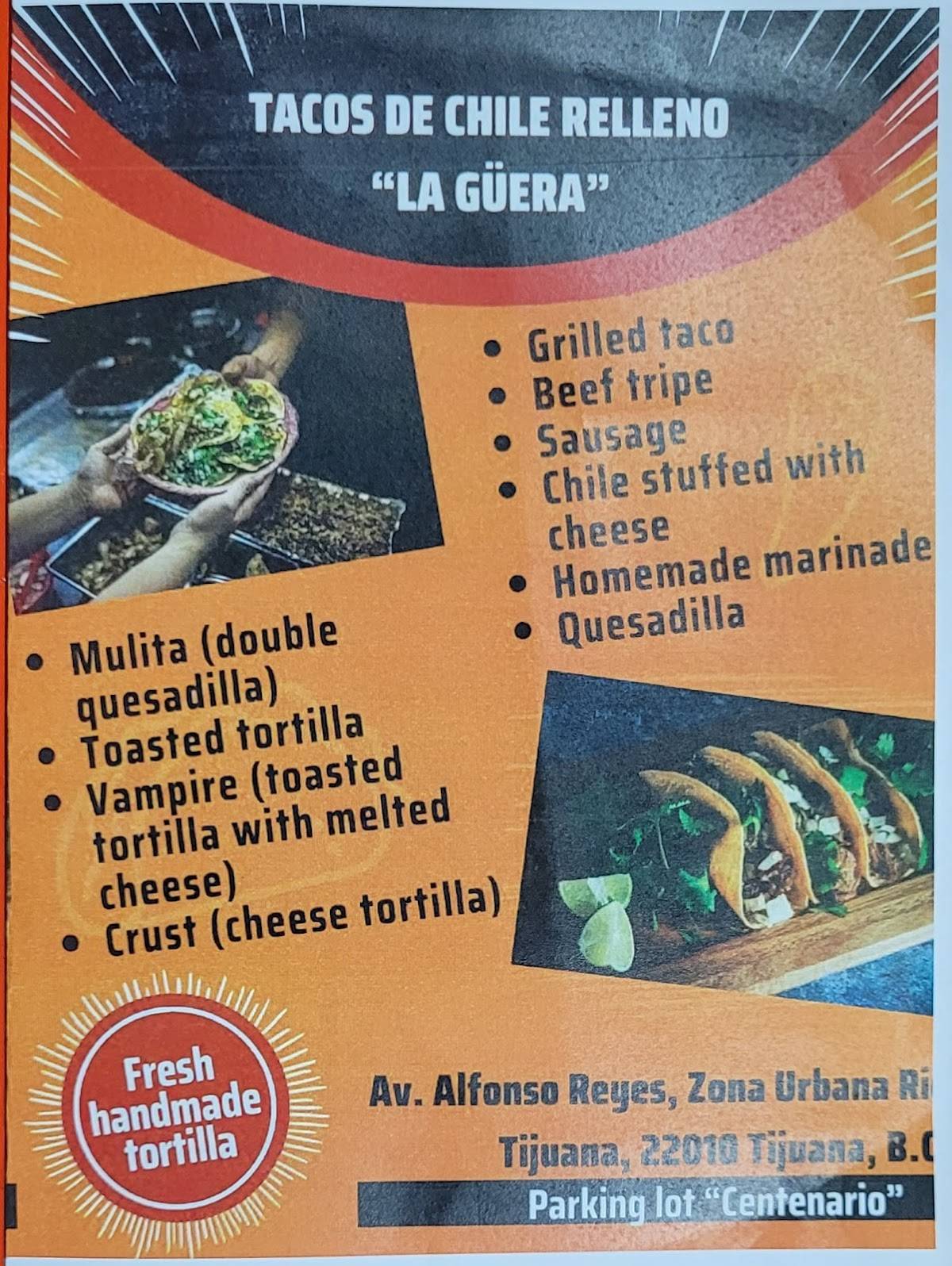 Menu at La Guera Tacos de Chile Relleno restaurant, Tijuana