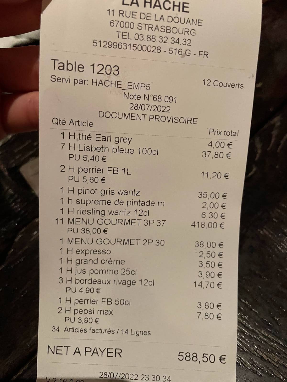 Menu au La Hache restaurant, Strasbourg