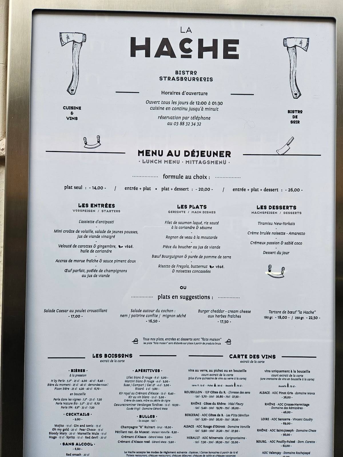 Menu au La Hache restaurant, Strasbourg