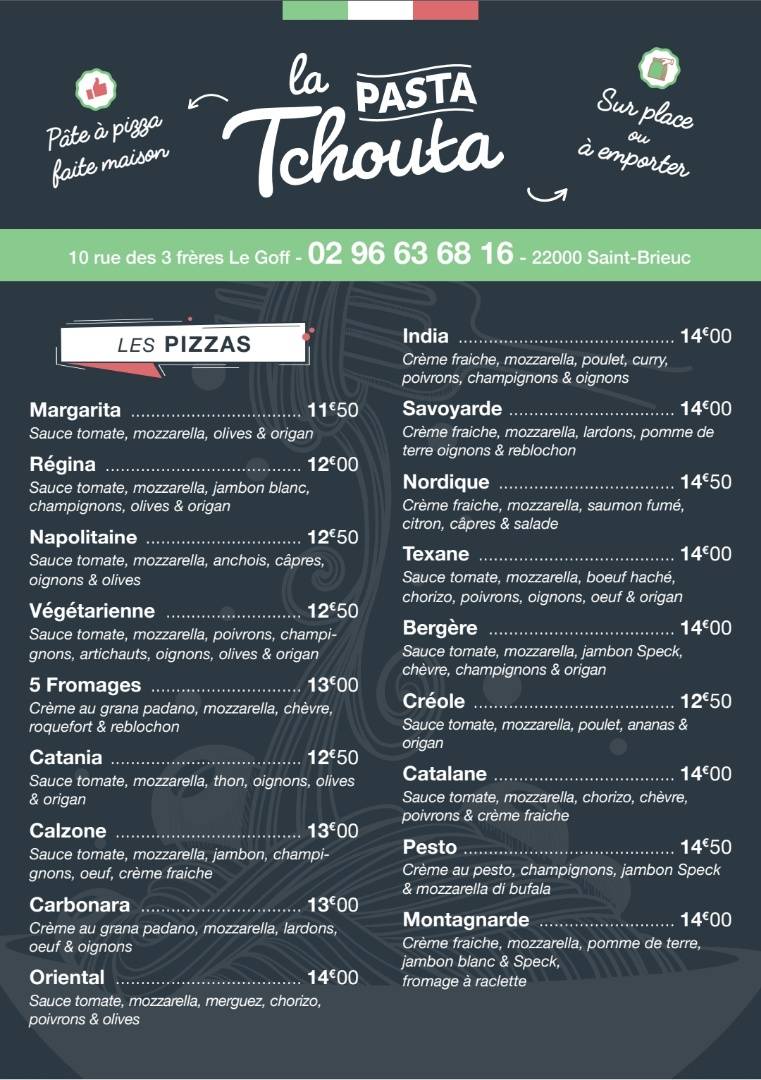 Menu au La Pasta Tchouta restaurant, Saint-Brieuc
