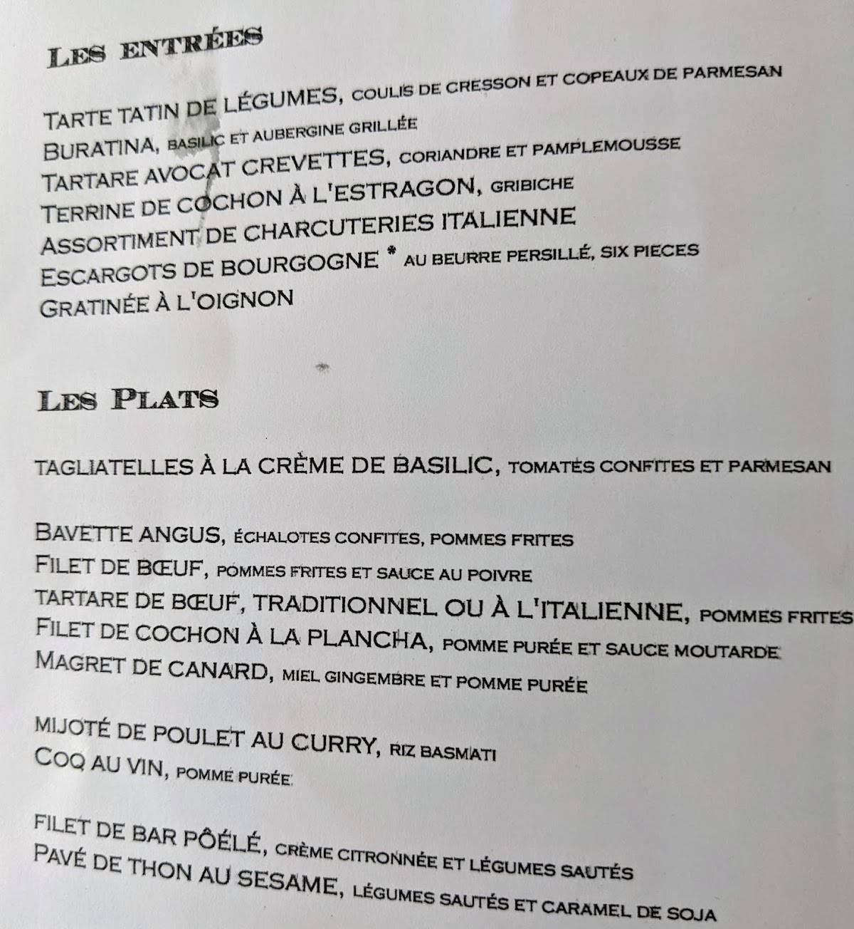 Menu au La Place Royale restaurant, Paris, 2 Bis Pl. des Vosges