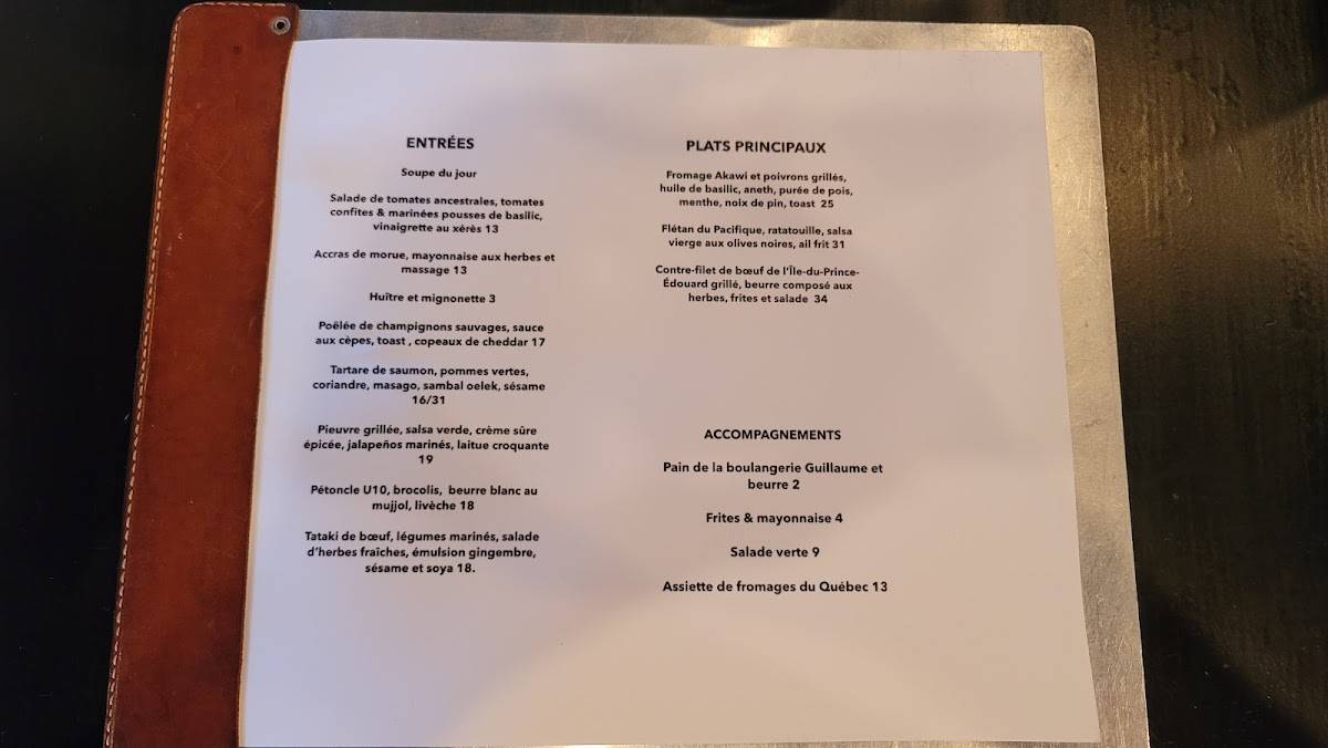 Menu au La Prunelle restaurant, Montréal