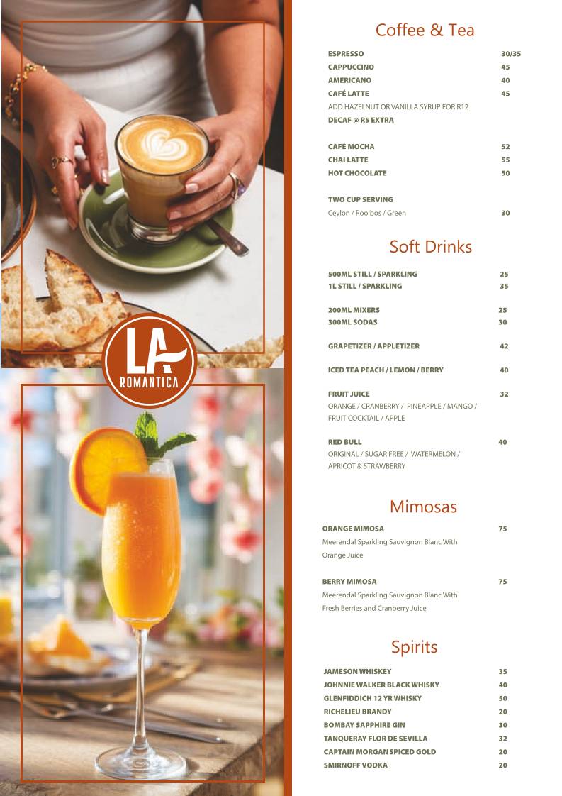 Menu at La Romantica restaurant, Cape Town, Meerendal Wine Estate
