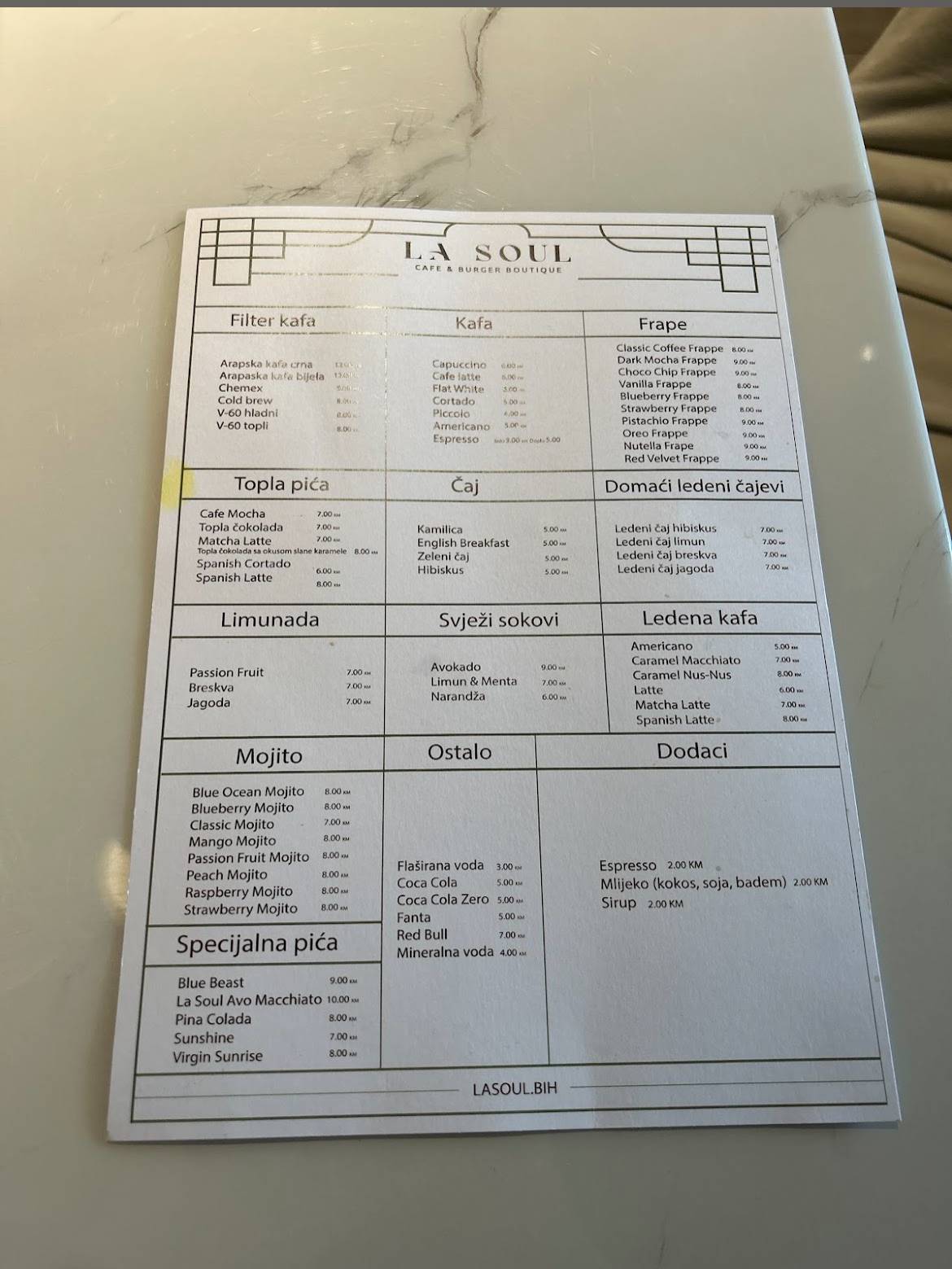 Menu at La Soul Cafe & Burger Boutique, Sarajevo