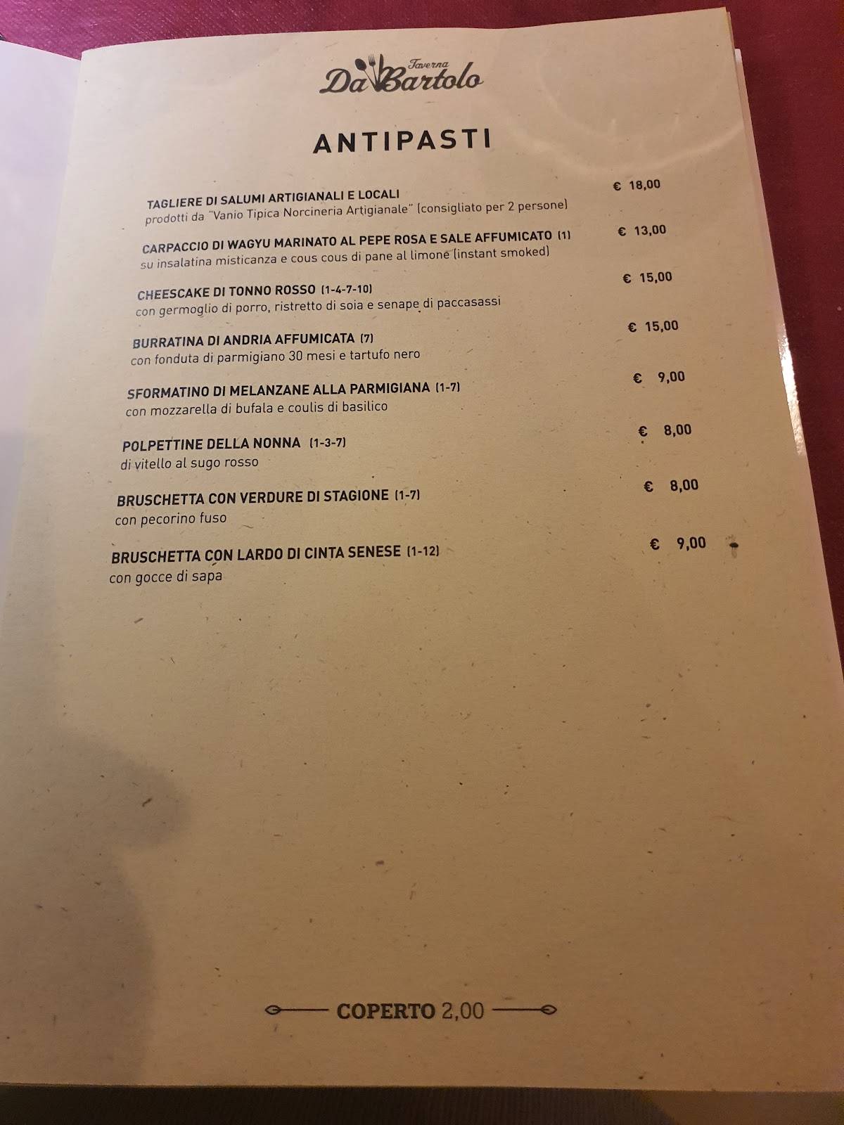 Carta de Restaurant La Taverna di Bartolo, Sassoferrato