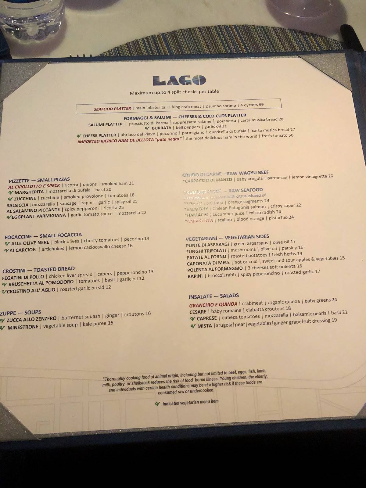 Menu at Lago restaurant, Las Vegas, 3600 S Las Vegas Blvd