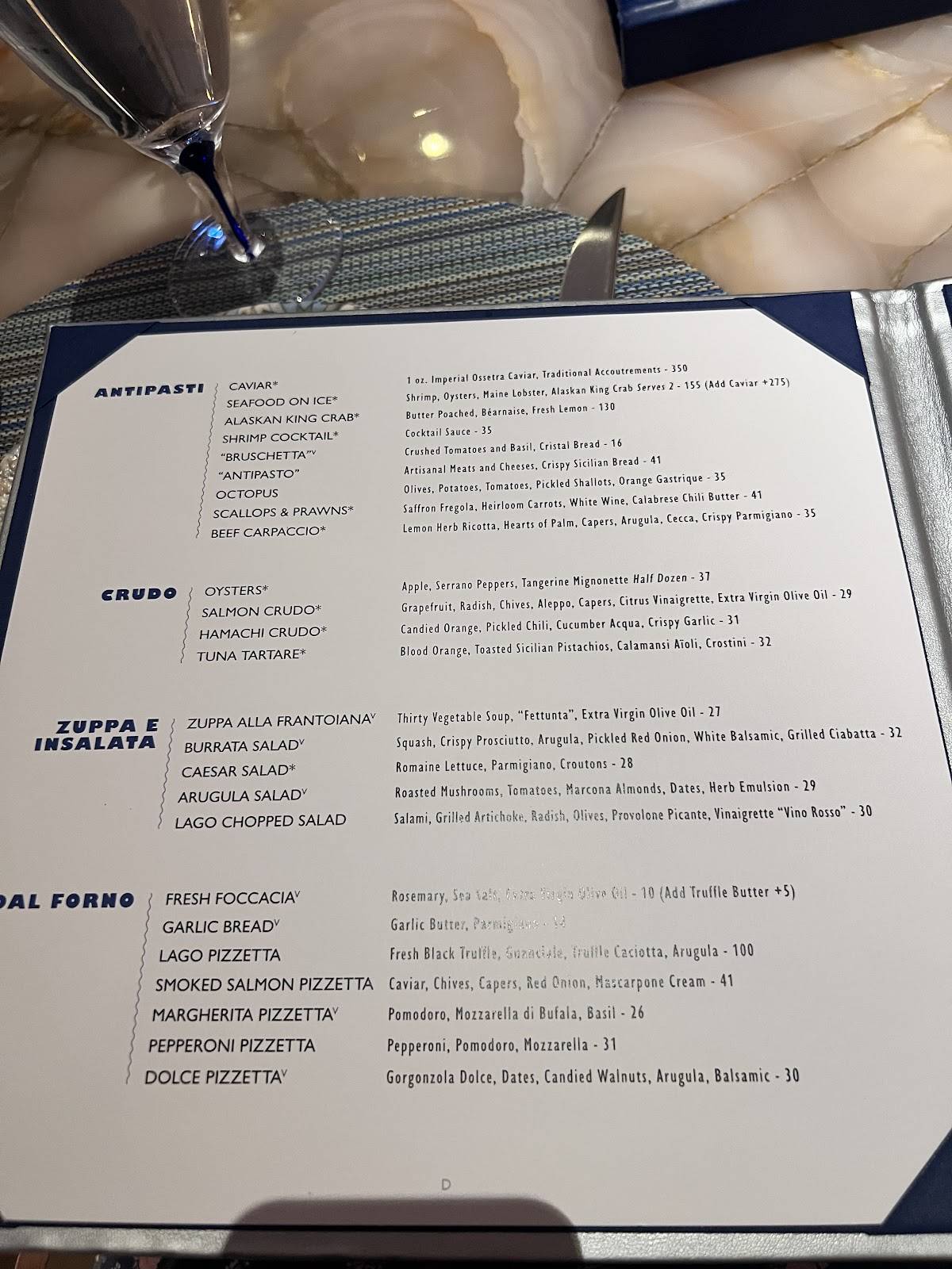 Menu at Lago restaurant, Las Vegas, 3600 S Las Vegas Blvd