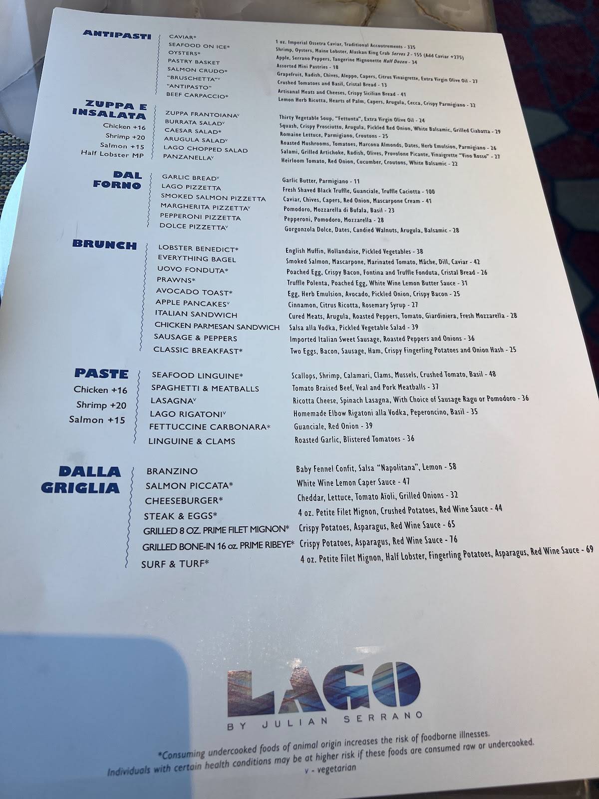 Menu at Lago restaurant, Las Vegas, 3600 S Las Vegas Blvd
