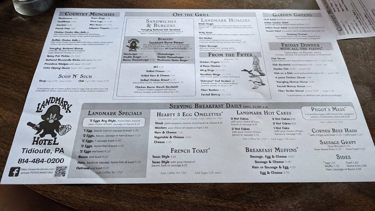 Menu at Landmark Hotel restaurant, Tidioute