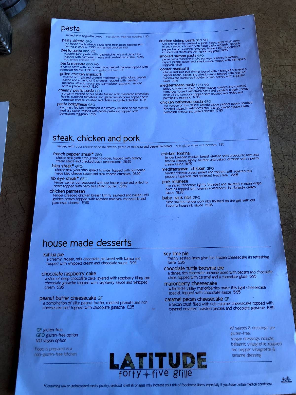Menu at Latitude 45 Grille restaurant, Baker City