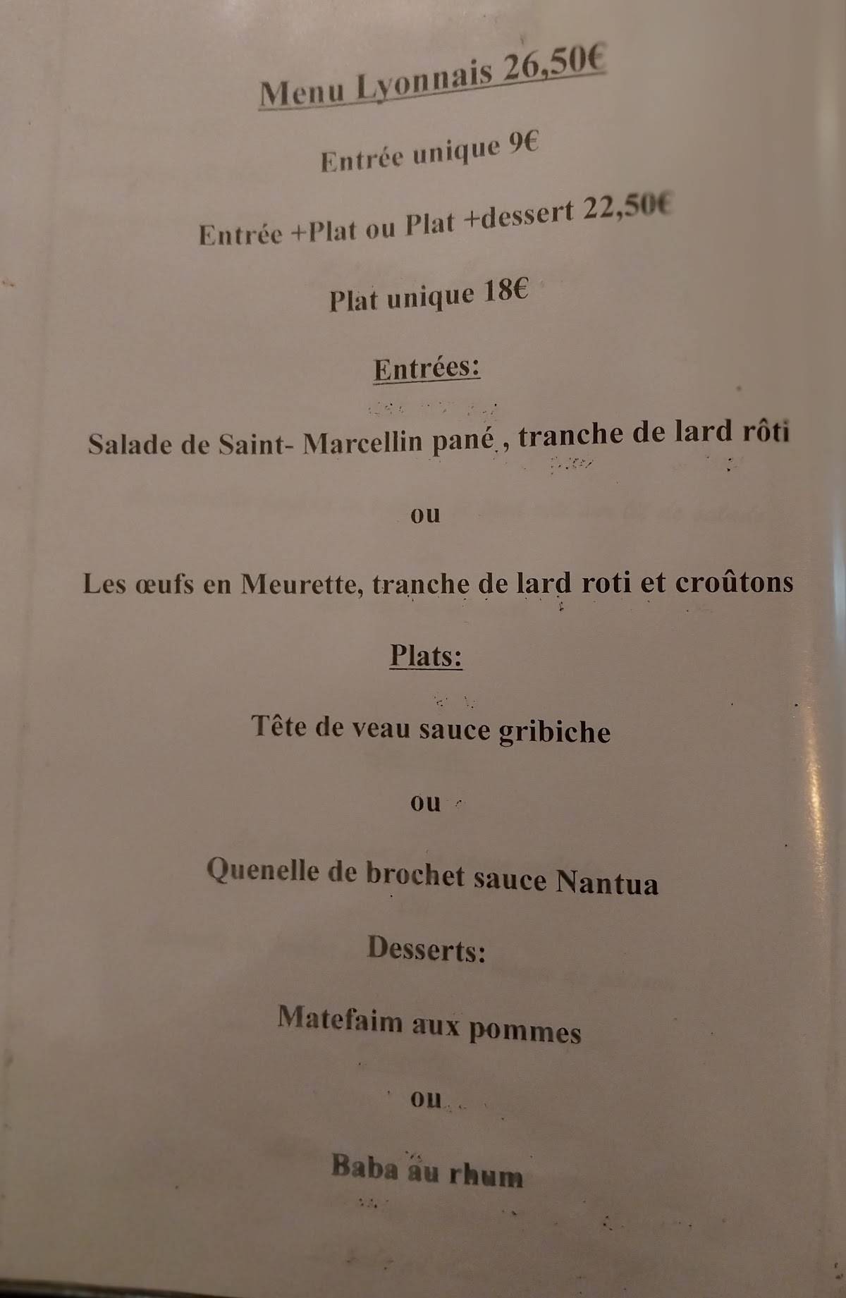Menu au Le Bouchon Lyonnais restaurant, Cavaillon