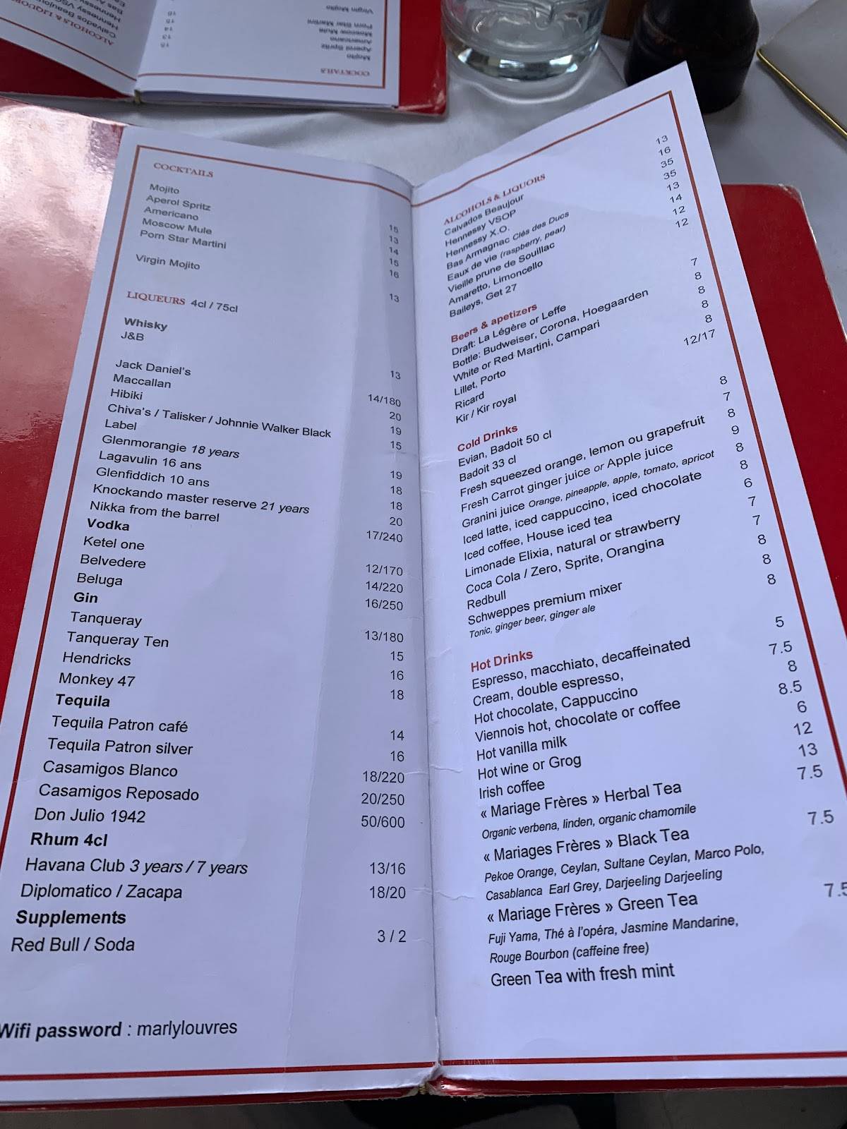 Menu at Le Café Marly, Paris, 93 Rue de Rivoli