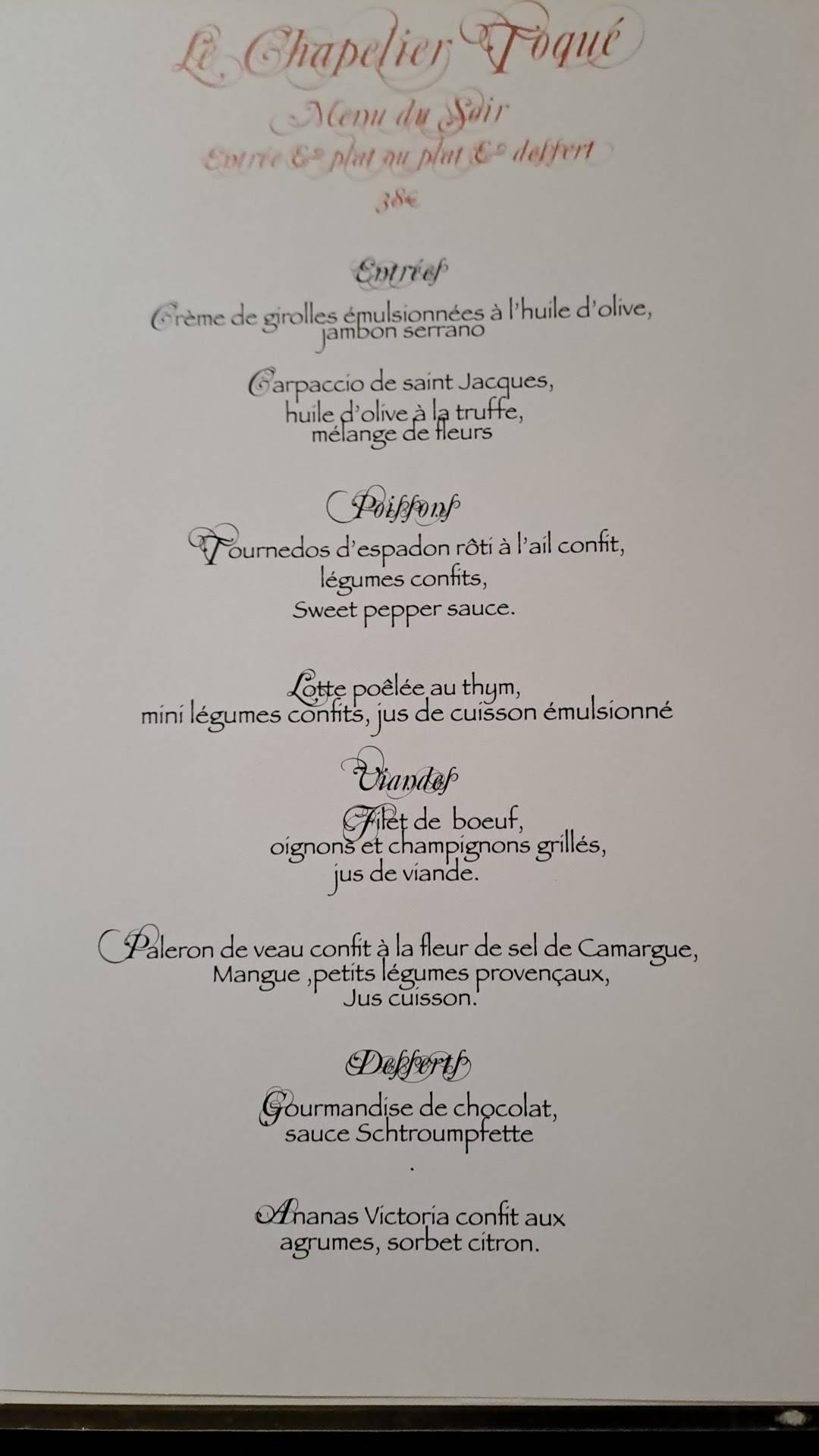 Menu au Le Chapelier Toqué restaurant, Avignon
