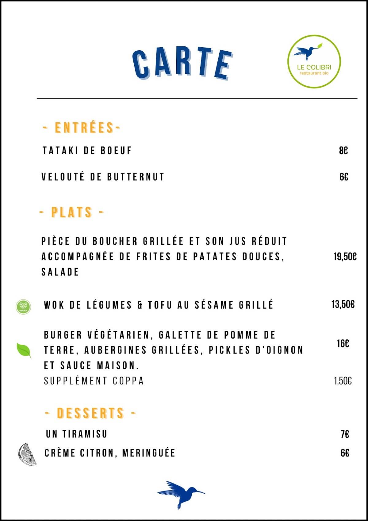 Menu au Le Colibri Restaurant bio Narbonne, Narbonne